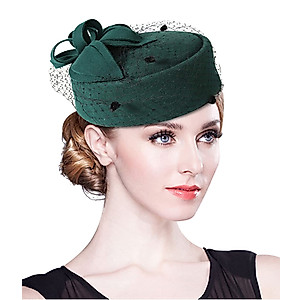 Z&X British Vintage Wool Felt Pillbox Hat Ladies Church Derby Winter Fascinator Hat Veil Flower Fedoras Green