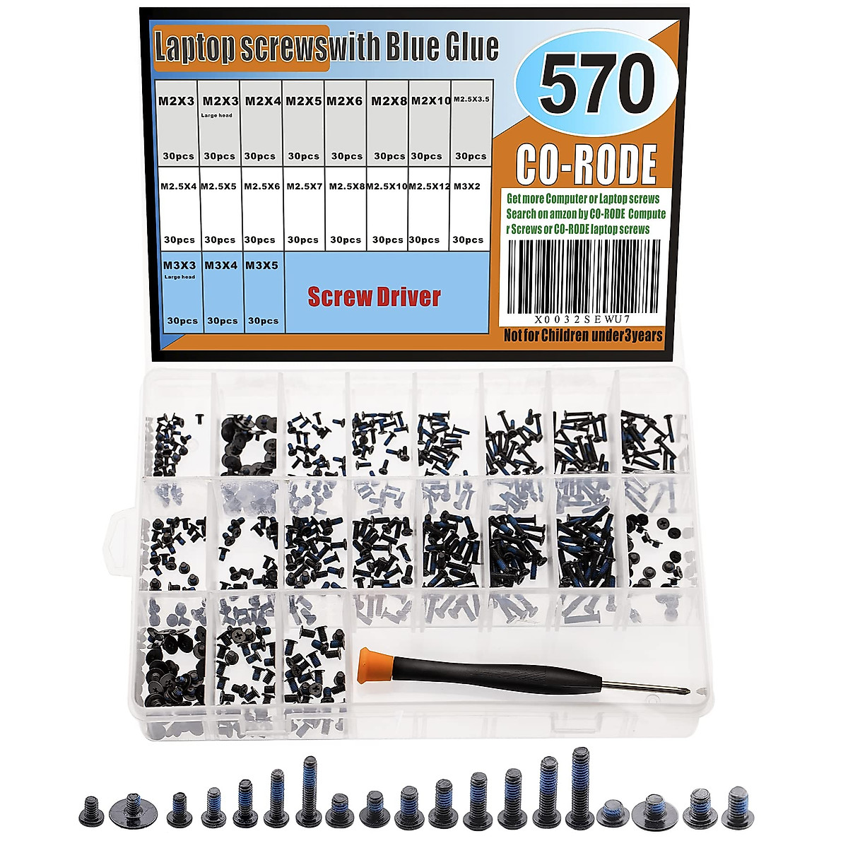 CO-RODE 571pcs 19-Size Laptop Screws, Computer Screw Set w/Blue Glue,Screw Driver, for SSD Motherboard Fan Power Graphics Hard Drive