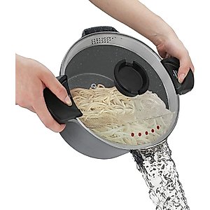 8.5 Quart Stock Pot with Strainer Lid, Multipurpose Pasta Pot Spaghetti Pot, PFOA free, Three-layer Non-stick coating, Dishwasher Safe, Tempered Glass Lockable Lid, Cast Aluminium, Grey