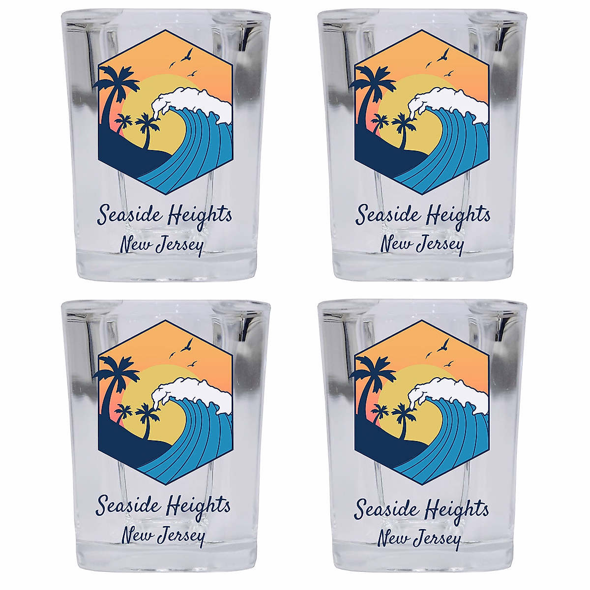 R and R Imports Seaside Heights New Jersey 2 Ounce Square Base Liquor Shot Glass Wave Design 4-Pack