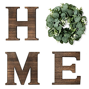 Yoleshy Wooden Home Sign with Artificial Eucalyptus Wreath for O, 9.8'' Home Letters With Wreath For Wall Hanging Decor, Rustic Wall Letters Decor For Living Room, Entry Way, Kitchen, Etc (Brown)