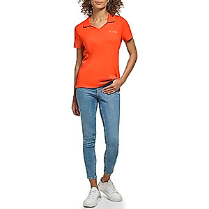 Calvin Klein Women's Lower Neckline Casual -Collar 1x1 Rib Cotton Short Sleeve, Flame