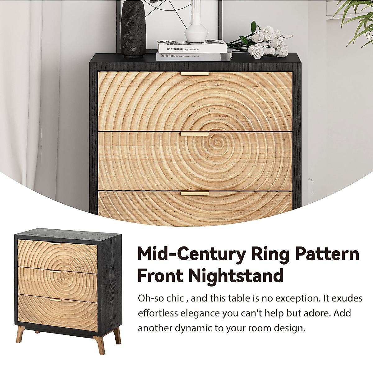 COZAYH 3-Drawer Farmhouse Dresser with Handcrafted Wood Ring Motif, Black Nightstand for Bedroom, Fully-Assembled, Rustic and Morden