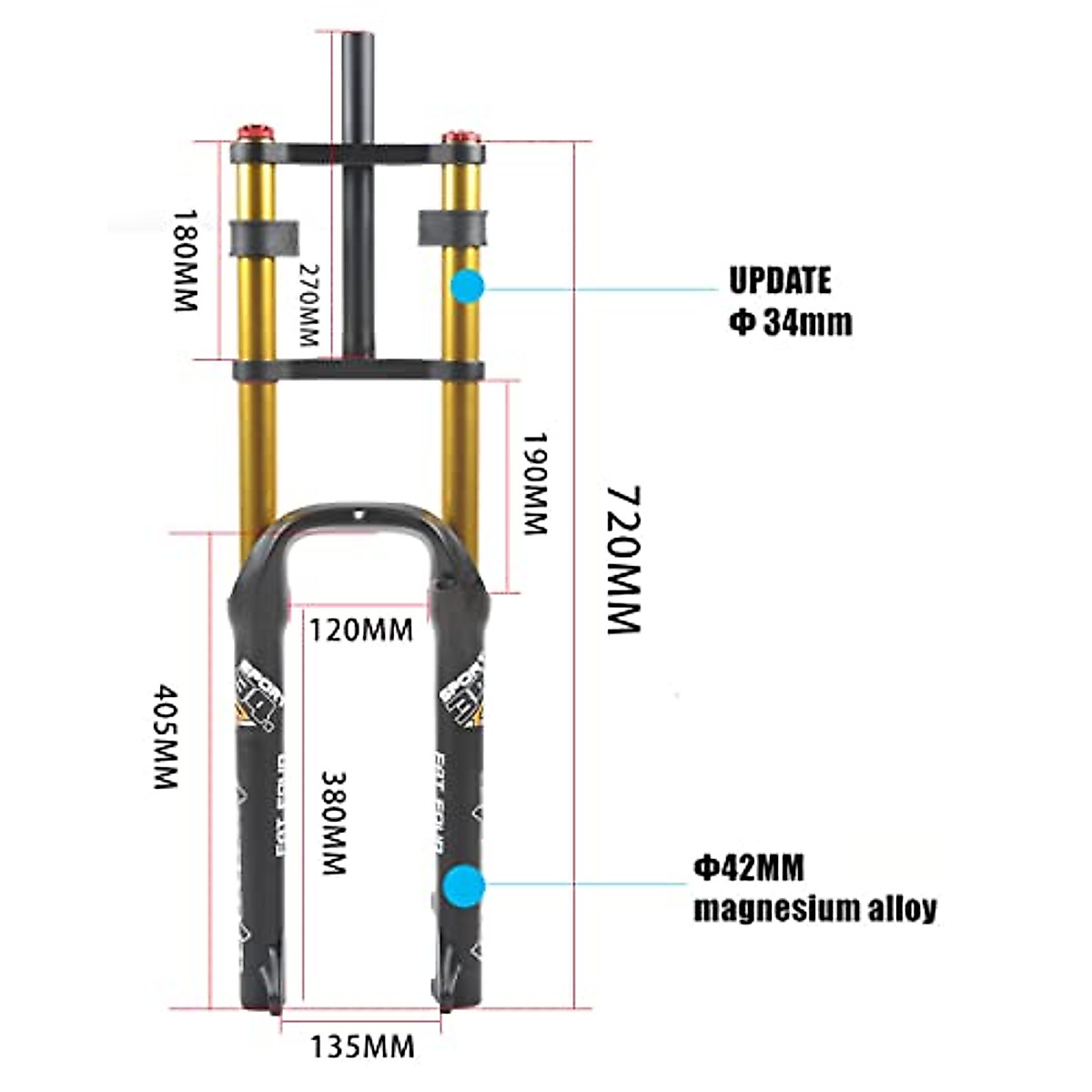 Syvrac Bike Suspension Fork 26" for Mountain Bike DH Air Double Shoulder Downhill Rappelling Shock Absorber Straight Tube Ultralight Bicycle Shock Absorber Rebound Adjust (Gold)
