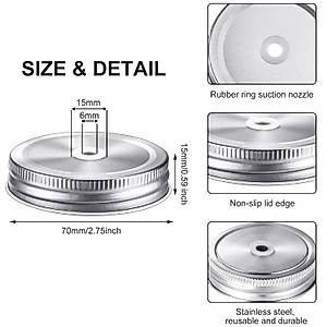 8 Pieces Metal Regular Mouth Mason Canning Jar Lids with Straw Hole Leak Proof Reusable Jar, 2.7 Inch(Silver)