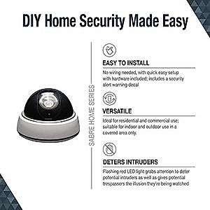 SABRE Fake Dome Security Camera, Flashing Red Light For Nighttime Visibility, Realistic Design Deters Intruders, Battery Operated, No Wiring Required, Fake Dummy Camera, White