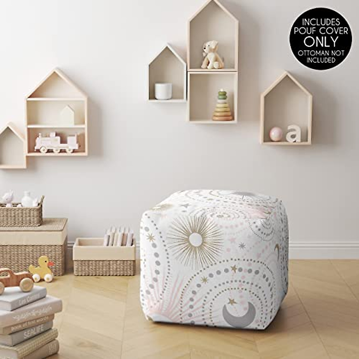 Sweet Jojo Designs Blush Pink Gold Star and Moon Girl Ottoman Pouf Cover Unstuffed Poof Floor Footstool Square Cube Pouffe Storage for Baby Nursery Kids Room Grey Celestial Sky Stars Gray Shabby Chic