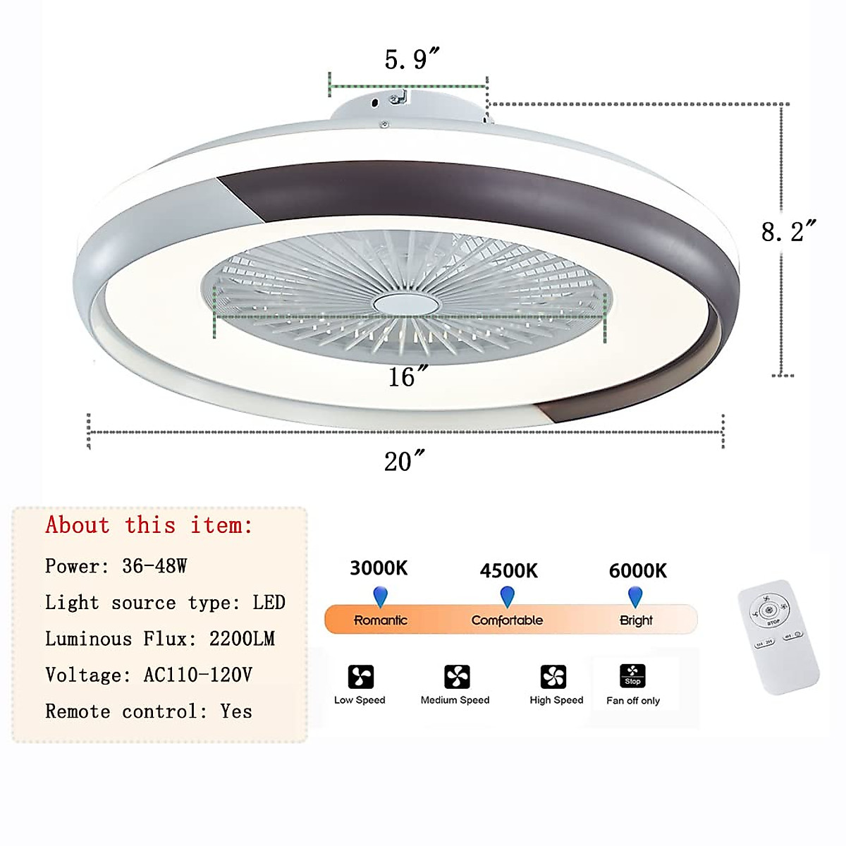 YIYIBYUS 23.5-Inch Modern Fan Chandelier LED 3 Colors 3 Speed with Remote Control Ceiling Fan Ceiling Light Mute Suitable for Living Room Bedroom Dining Room (White and Grey)