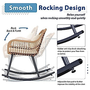JOIVI Outdoor Furniture Rocking Chairs Set, 3 Piece Wicker Patio Rocking Chairs and Side Table Set, Outdoor Bistro Conversation Set for Porch, Balcony, Poolside, Yard, White Cushions