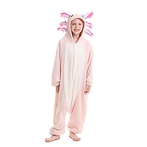 ATOZ Onesie for Kids, Animal Pajamas Halloween Cosplay Costume for Girls Boys, Pink Axolotl 8-9Y