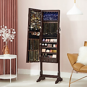 SONGMICS Jewelry Cabinet with 6 LED Lights, Lockable Mirrored Jewelry Armoire Organizer, 2 Drawers, Brown UJJC94K