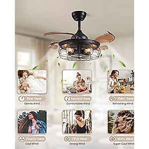 Siljoy 36” Farmhouse Ceiling Fan with Lights and Remote, Industrial Caged Retractable Ceiling Fan, 6 Wind Speeds Rustic Ceiling Fan for Patio Kitchen Bedroom Living Room, Black