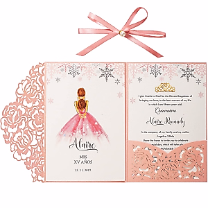 KUCHYNEE 50PCS Pink Customized Quinceanera Invitation Cards with Envelopes 5x7.3 Inch Laser Cut Hollow Rose Pocket with Ribbon invitations for Quincenera Birthday Invite