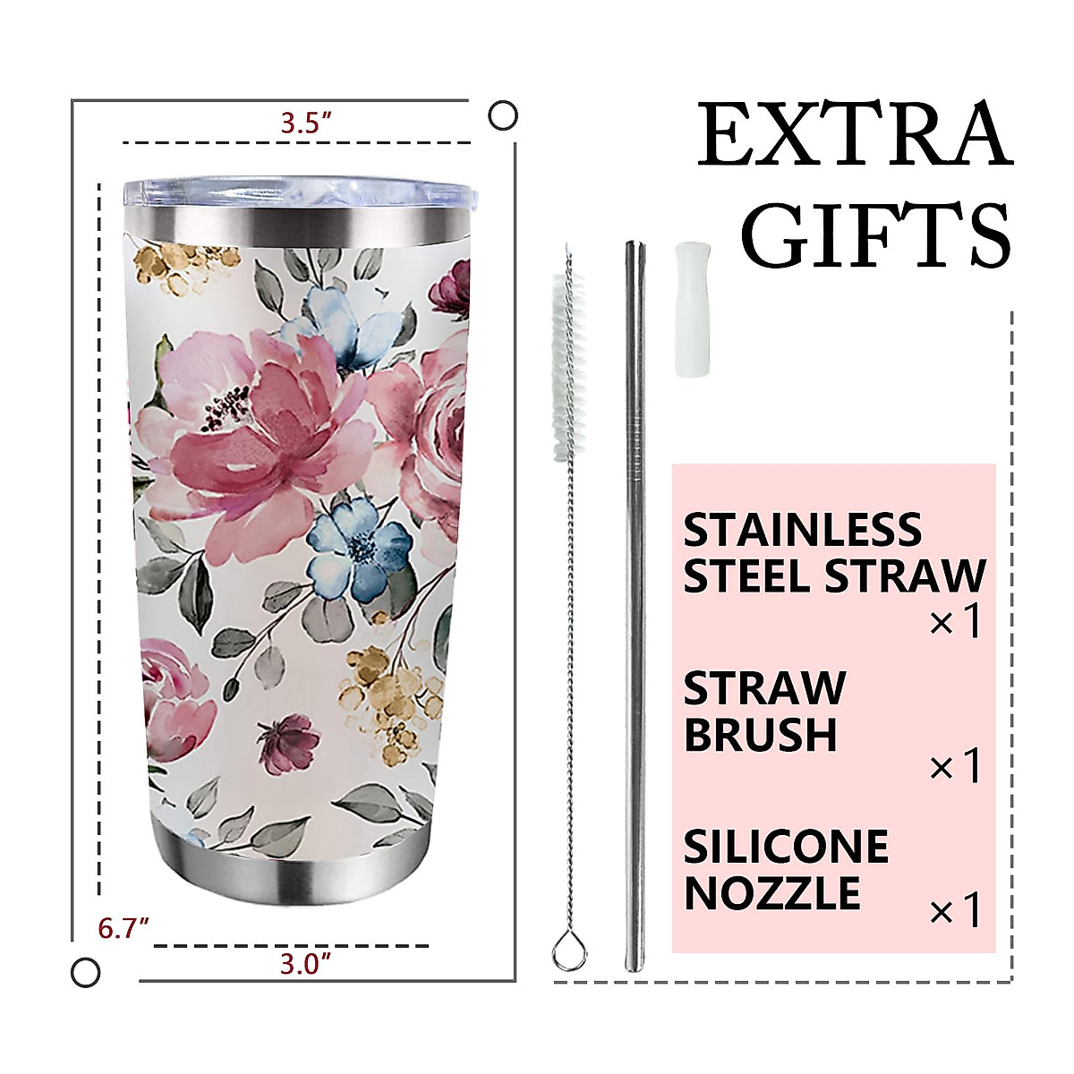 Zzkol Floral Flowers Tumbler with Lid and Straw, Rose Peony Stainless Steel Travel Coffee Cup, Birthday Mug Gifts for Women, 20oz Spring Summer Double Wall Vacuum Insulated Tumbler