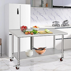 TrailBlaze Stainless Steel Work Table, 60x24x35 In Metal Trolley Heavy Duty Double Tier Worktable With Casters Backsplash, Food Prep Stainless Steel Table for Kitchen Restaurant Commercial Workstation