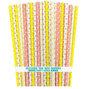 Pink Yellow and White Paper Straws - Polka Dot - Pink Lemonade, Birthday, Baby Shower, Easter Party Supply - 100 Pack Outside the Box Papers Brand