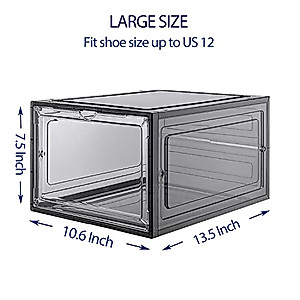 DEZENE Clear Stackable Shoe Storage Boxes: 6 Pack Balck Large Sturdy Plastic Shoe Organizer Containers for Closet, Drop Front Shoe Bins for Display Sneakers, Fit Shoe Size Up to US Men 12