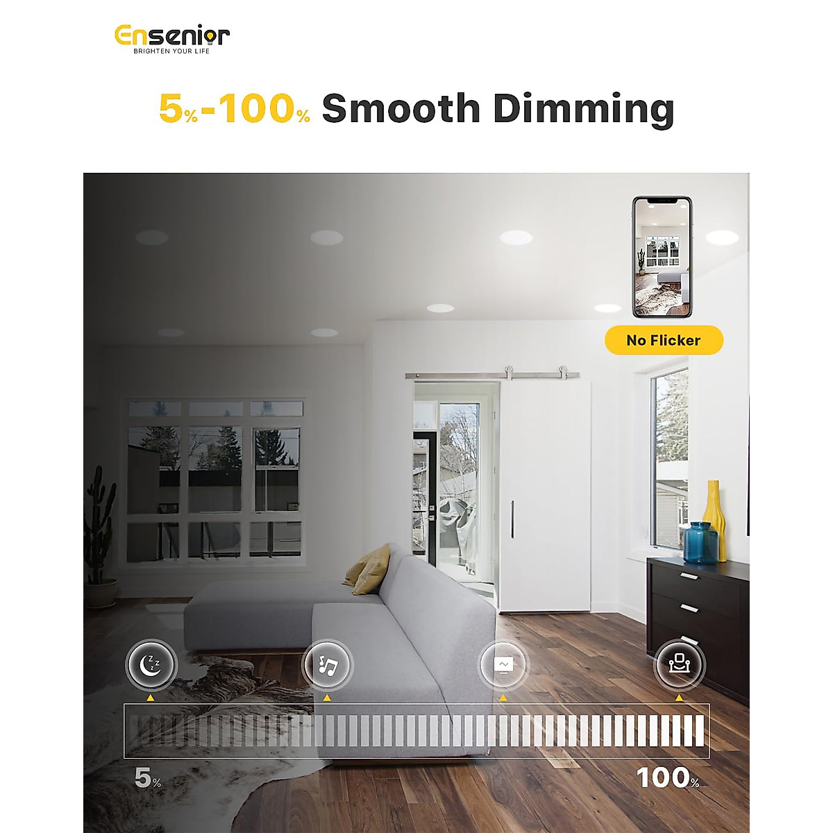 Ensenior 6 Pack 6 Inch LED Recessed Light, Dimmable, 2700K-5000K 5CCT, 1200LM High Brightness, 12W 120V, Damp Rated, Ultra-Thin Canless Wafer Ceiling Light - ETL & FCC & IC