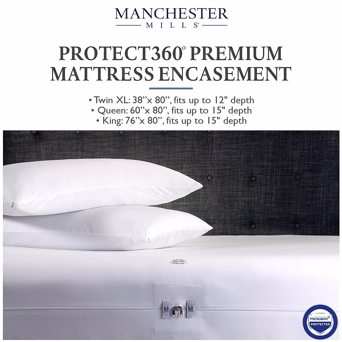 Manchester Mills Protect360 Premium Mattress Encasement and Protector – Twin XL, Microban Product Protection, Knitted Polyester, Waterproof, Bed Bug Prevention, 12" Depth, White