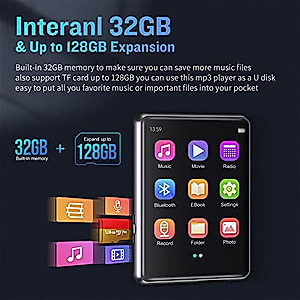 32G MP3 Player Bluetooth 5.0, Full Touch Screen HiFi Lossless MP3 Music Player, Line-in Speaker, with line Recorder, FM Radio, Support up to 128 GB (Black)