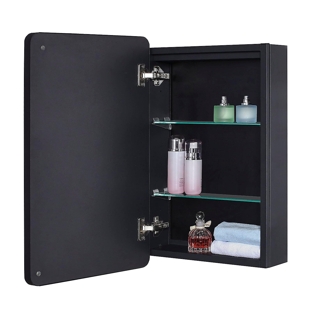 IDYLLOR Lighted Bathroom Medicine Cabinet with Round Corner Framed Mirror Door 15 x 25 inch, Left Hand Opening, Recessed or Surface Mount, with Adjustable Glass shelves