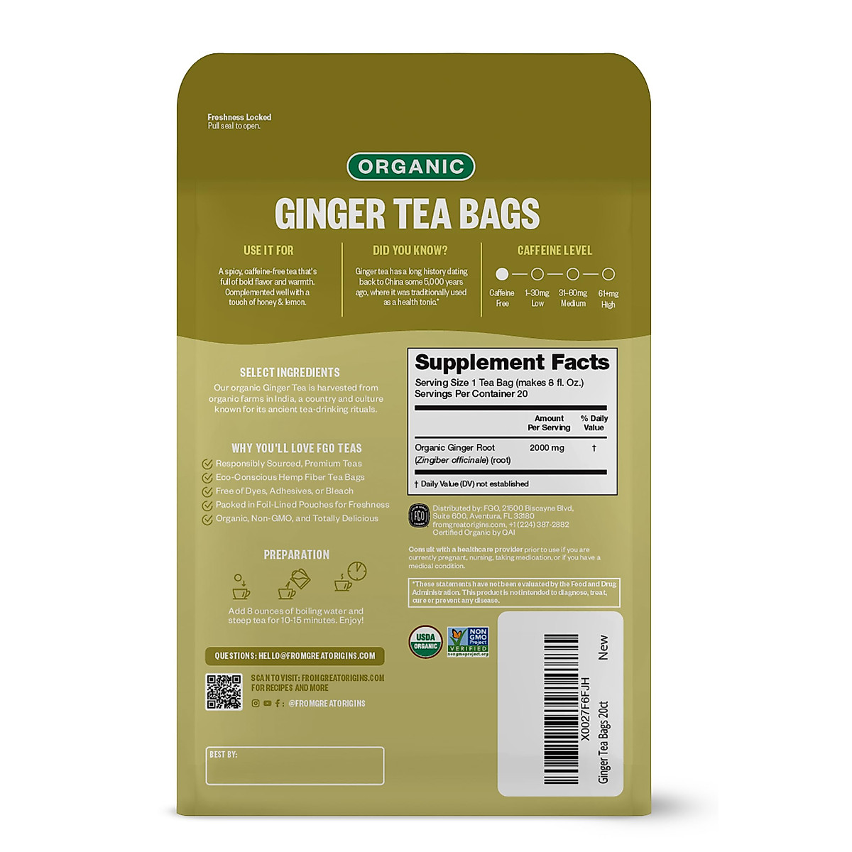 FGO Organic Ginger Tea, Eco-Conscious Tea Bags, 20 Count, Packaging May Vary (Pack of 1)