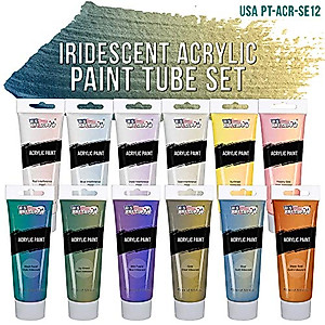 U.S. Art Supply Professional 12 Color Set of Iridescent Acrylic Paint, Large 75ml Tubes - Luminescent Special Effect Chameleon Color-Shifting Pearl Colors - Artists, Canvas Painting, Paper, Wood, Rock