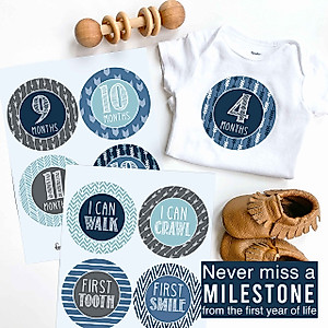 16 Monthly Baby Milestone Stickers Boy - Blue Baby Monthly Milestone Stickers for Baby Boy, Milestone Baby Monthly Stickers, Baby Month Stickers for Baby Photo Props, Monthly Baby Stickers Boy