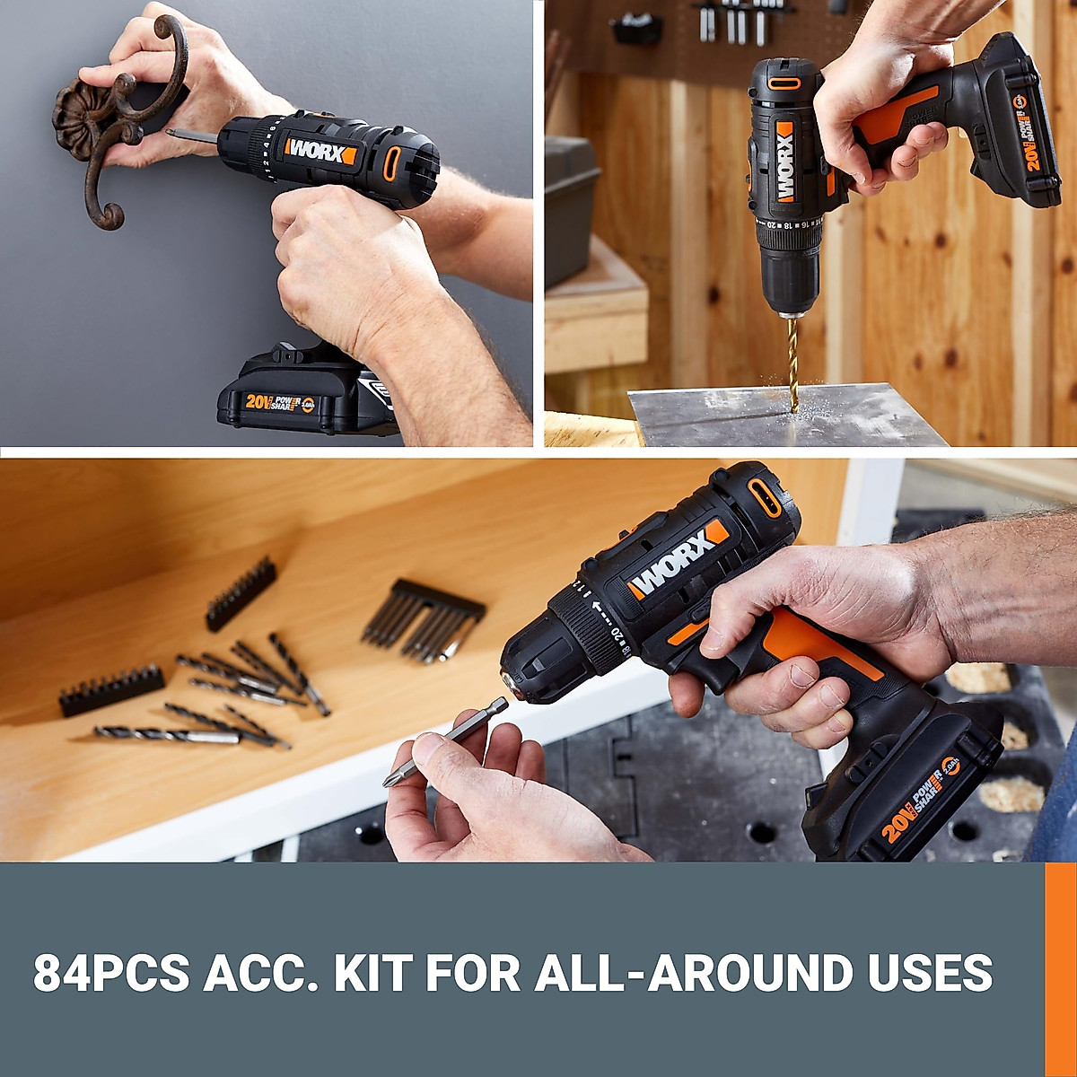 Worx 20V 3/8" Cordless Drill with 84pc Accessory Kit, Variable 2-Speed Drill Set 265 In-Lbs Torque 20+1 Clutch, Lightweight Compact Drill Driver 3/8-Inch Keyless Chuck – Battery & Charger Included