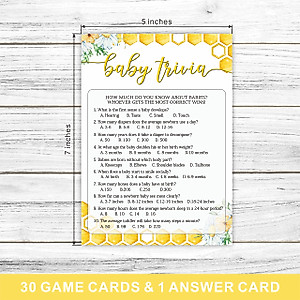 30 Honey Bee Themed Baby Shower Game Cards with an Answer Card, Baby Trivia double sided (5 X 7 inches)-（BABYYX-008）