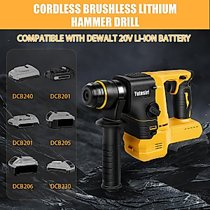 Yutesiri Rotary Hammer Drill for Dewalt 20V MAX Battery, Brushless Cordless with Safety Clutch for Concrete/Masonry,1400 RPM,2 Application Modes with 360°Auxiliary Handle, Including 4 Drill Bits