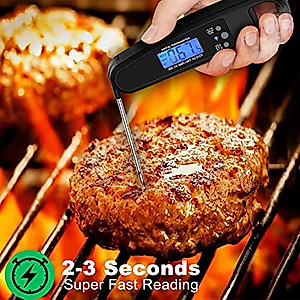 LIKEPAI Instant Read Meat Thermometer for Kitchen Cooking, Ultra Fast Precise Waterproof Digital Food Thermometer with Backlight, Magnet and Foldable Probe for Deep Fry, Outdoor BBQ, Grill（Black）