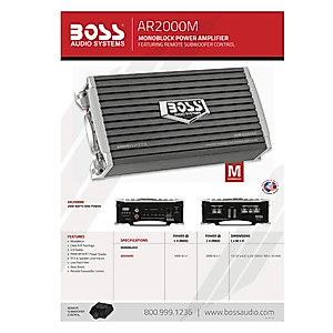 BOSS Audio Systems AR2000M Monoblock Car Amplifier - 2000 Watts, 2-4 Ohm Stable, Class A-B, Mosfet Power Supply, Gray