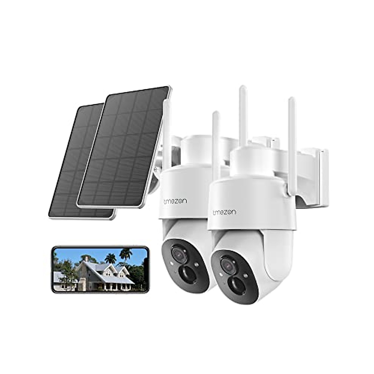 TMEZON 2 Pack Wireless Security Camera Outdoor, 2K Security Camera Wireless Solar Powered, PTZ WiFi Control