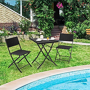 Tangkula 3 Piece Patio Bistro Set, Folding Wicker Chairs & Table Set, Solid Metal Frame, Outdoor Patio Furniture Set for Garden, Front Porch, Poolside, No Assembly Needs (Black)