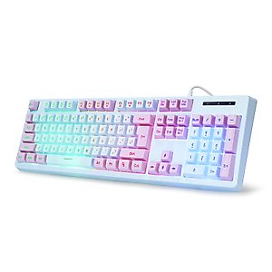 HUO JI Gaming Keyboard USB Wired with Rainbow LED Backlit, Quiet Floating Keys, Mechanical Feeling, Spill Resistant, Ergonomic for Xbox, PS Series, Desktop, Computer, PC, Blue Purple
