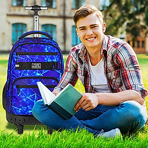 FTJCF 3PCS Rolling Backpack, 19 Inche Roller Bag with Wheels for Adults, Aurora Wheeled Bookbag Set for Men Boys(Blue)
