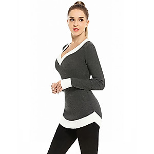 AmélieBoutik Women Cotton Blend V Neck Color Block Long Sleeve Curve Hem Sweater (Gray and Ivory White Medium)