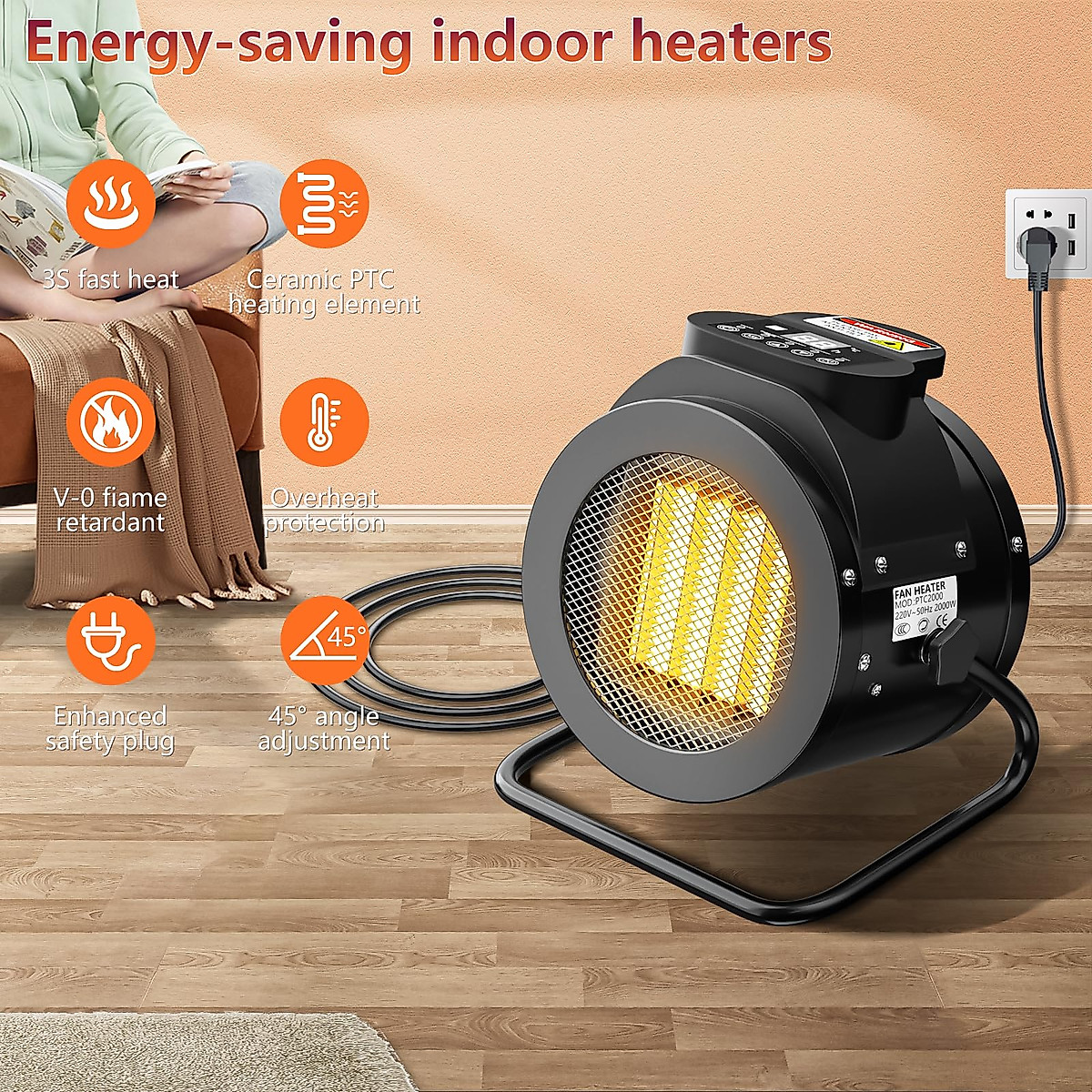 Space Heater, 2000W Electric Heater with Remote, Space Heaters for Indoor Use, 24Hrs Timer, 45° Adjustable, Overheat Protection, Intelligent Thermostat, Portable Heater for Office Bedroom Living Room