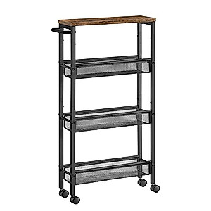 VASAGLE Slim Storage Cart, 4-Tier Rolling Cart Tower, Slide Out Cart with Handle Metal Mobile Shelving Unit for Kitchen Dining Living Room Office Narrow Places, Rustic Brown and Black ULRC032B01V1