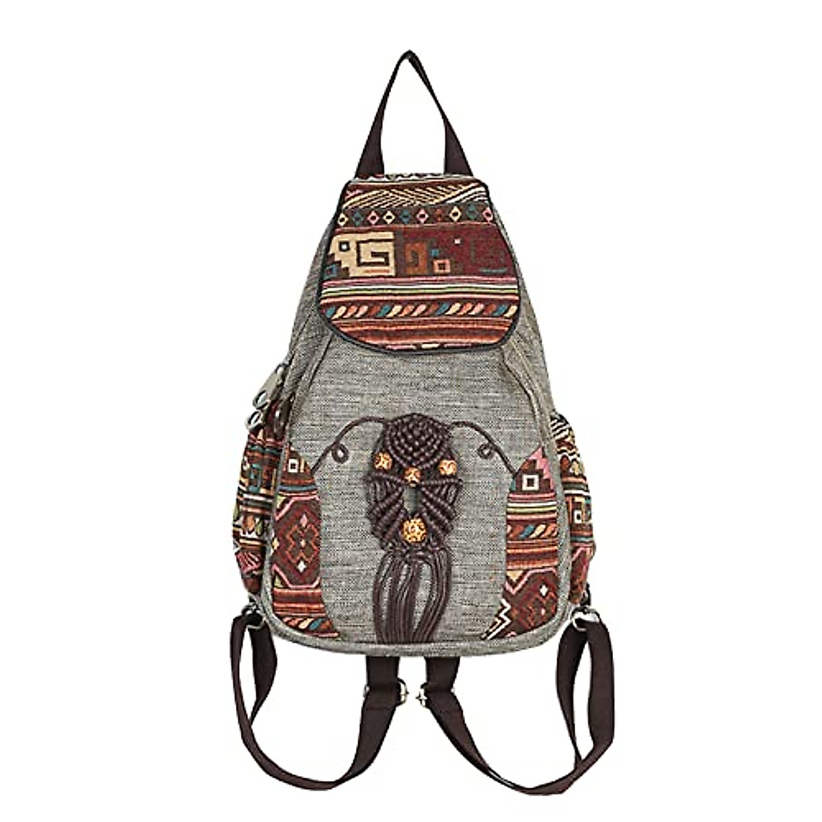 POPUCT Cotton Boho Small Backpack Fashion Hand Knitting Mini Chest Bag for Women and Girls(brown)