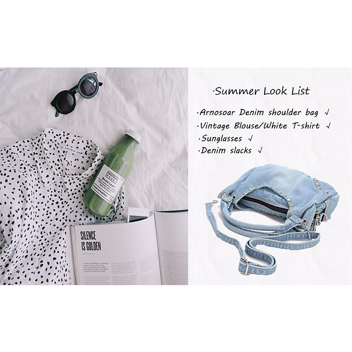 Arnosoar Denim Shoulder Bag Women Hobo Handbag Casual Fashion Tote Top-Handle Satchel Washed Blue