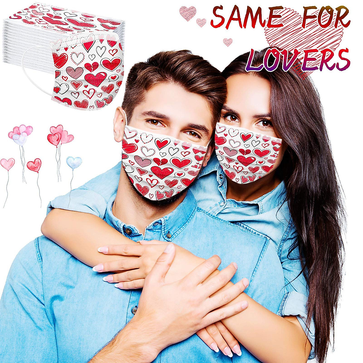 Wtosuhe 50PC Adults Valentines Day Disposable FaceMasks with Pink Black Love Heart Designs, 3-Ply Holiday_ Mask with Nose Wire for Women Men