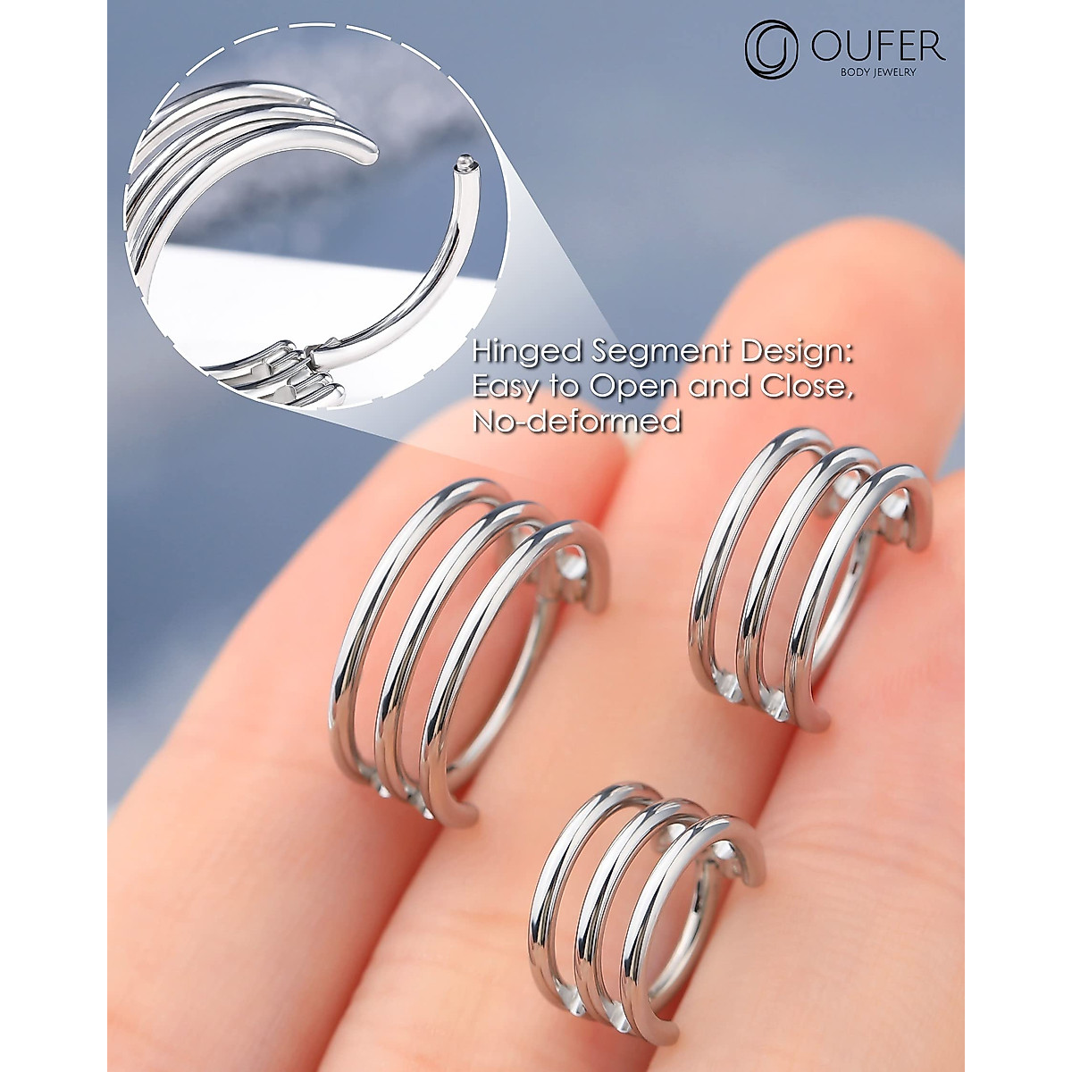 OUFER 16G Conch Piercing Jewelry, 316L Stainless Steel Conch Earrings, Three Row Nose Rings Hoops, Helix Cartilage Daith Rook Earrings for Women and Men-12MM