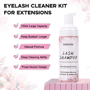MERETON 150ml Lash Shampoo for Lash Extensions, Eyelash Extension Cleanser Lash Cleaning Kit for Cluster Lashes with Fan+Makeup Pad+Cleaning Brush+100 Pcs Lash Brush+Wash Bottle, Oil Free Foam