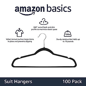 Amazon Basics Slim Velvet, Non-Slip Suit Clothes Hangers, Pack of 100, Black/Silver