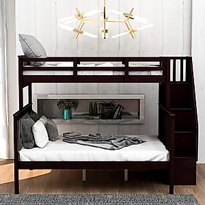 CITYLIGHT Bunk Beds Twin Over Full Size with Stairs, Wooden Bunk Beds with Storage Open Shelves, Stairway Bunk Bed Convertible to 2 Separated Beds,Kids Bunk Beds for Bedroom, Dorm,Espresso