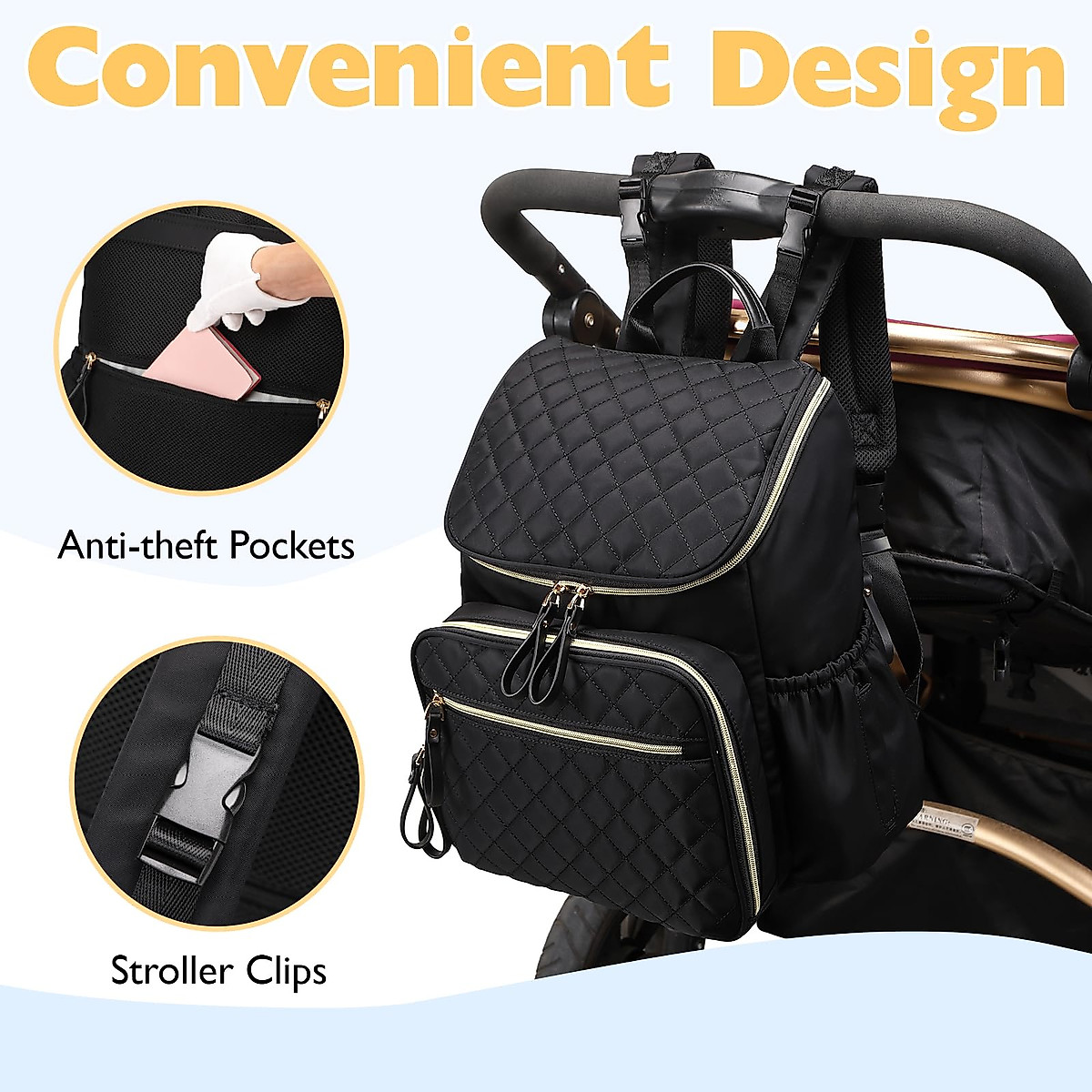 LORADI Large Capacity Diaper Bag Backpack with Storller Clips, Water-Resistant Travel Backpack with Anti-Theft Pocket, Black