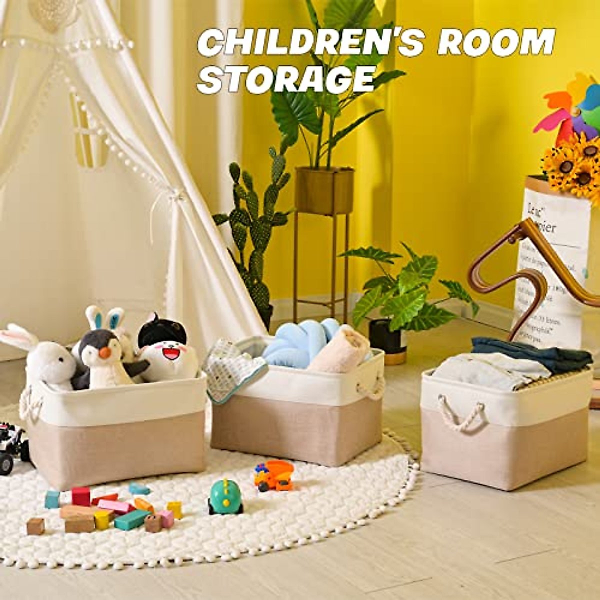 Storage Bins 3 Pack, Fabric Storage Basket for Collapsible Large Canvas Storage Baskets for Organizing Shelf Nursery Home Closet with Cotton Rope Handle (White&Khaki-15(L) x 11(W) x 9.5(H) in-3PCS)