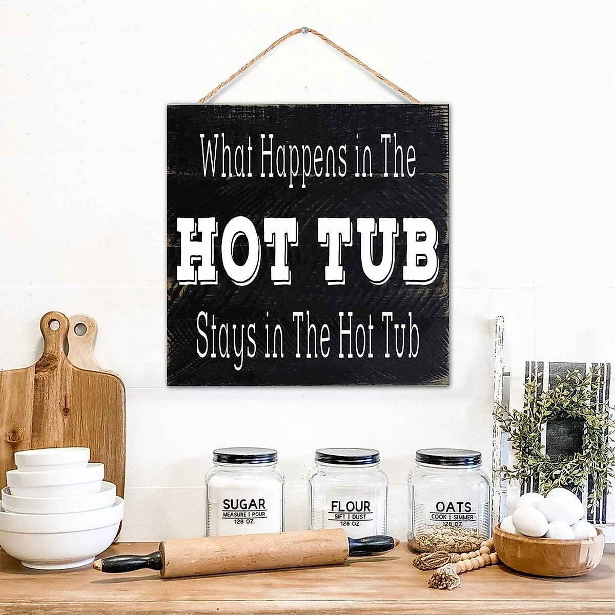 CustonCares What Happens in The Hot Tub Stays in The Hot Tub Wooden Plaque Sign Artwork Decoration Personalized Signs Country Wood Plank Hanging Sign for Nursery Bedroom Porch 12x12in